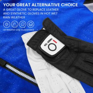 FINGER TEN Golf Gloves Men Left Hand Rain Grip Glove for Right Handed Golfer Value 3 Pack, All Weather Durable Grip Size Small Medium Large XL White Black Blue (Navy, Medium/Large, Left)