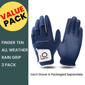 FINGER TEN Golf Gloves Men Left Hand Rain Grip Glove for Right Handed Golfer Value 3 Pack, All Weather Durable Grip Size Small Medium Large XL White Black Blue (Navy, Medium/Large, Left)