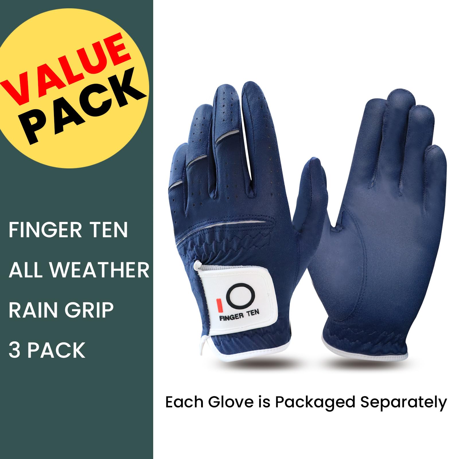 FINGER TEN Golf Gloves Men Left Hand Rain Grip Glove for Right Handed Golfer Value 3 Pack, All Weather Durable Grip Size Small Medium Large XL White Black Blue (Navy, Medium/Large, Left)