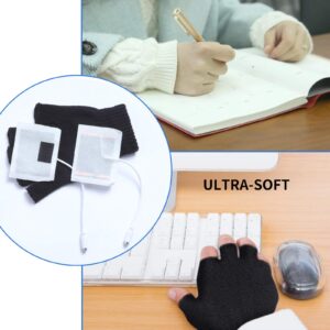 2 Pairs USB Heated Gloves for Men and Women, USB 2.0 Powered Stripes Heating Pattern Knitting Wool Heating Mittens Hands Warmer Fingerless Washable Design Winter Gift (Black & Gray)