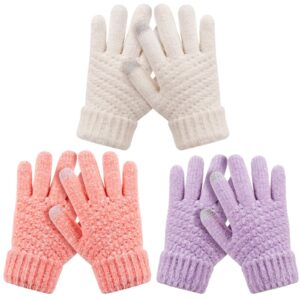 haitho kids winter gloves 3 pairs, chenille knit gloves for cold weather, children warm fleece lined touchscreen gloves, thermal toddler gloves for teen girls boys 3-8 years