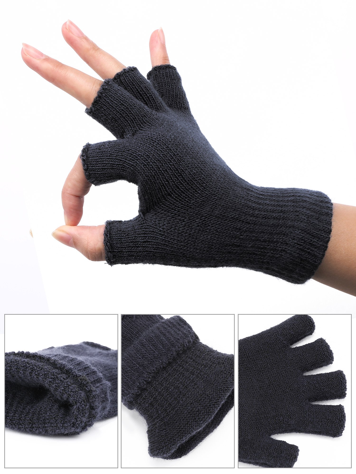 SATINIOR 2 Pair Unisex Half Finger Gloves Winter Stretchy Knit Fingerless Gloves in Common Size