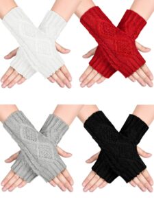 satinior women warm knit fingerless winter gloves thumbhole arm warmers mittens (black, red, white, light grey, 4 pairs)