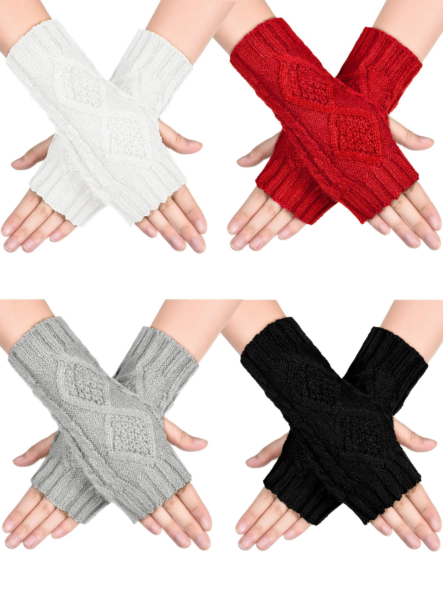 SATINIOR Women Warm Knit Fingerless Winter Gloves Thumbhole Arm Warmers Mittens (Black, Red, White, Light Grey, 4 Pairs)