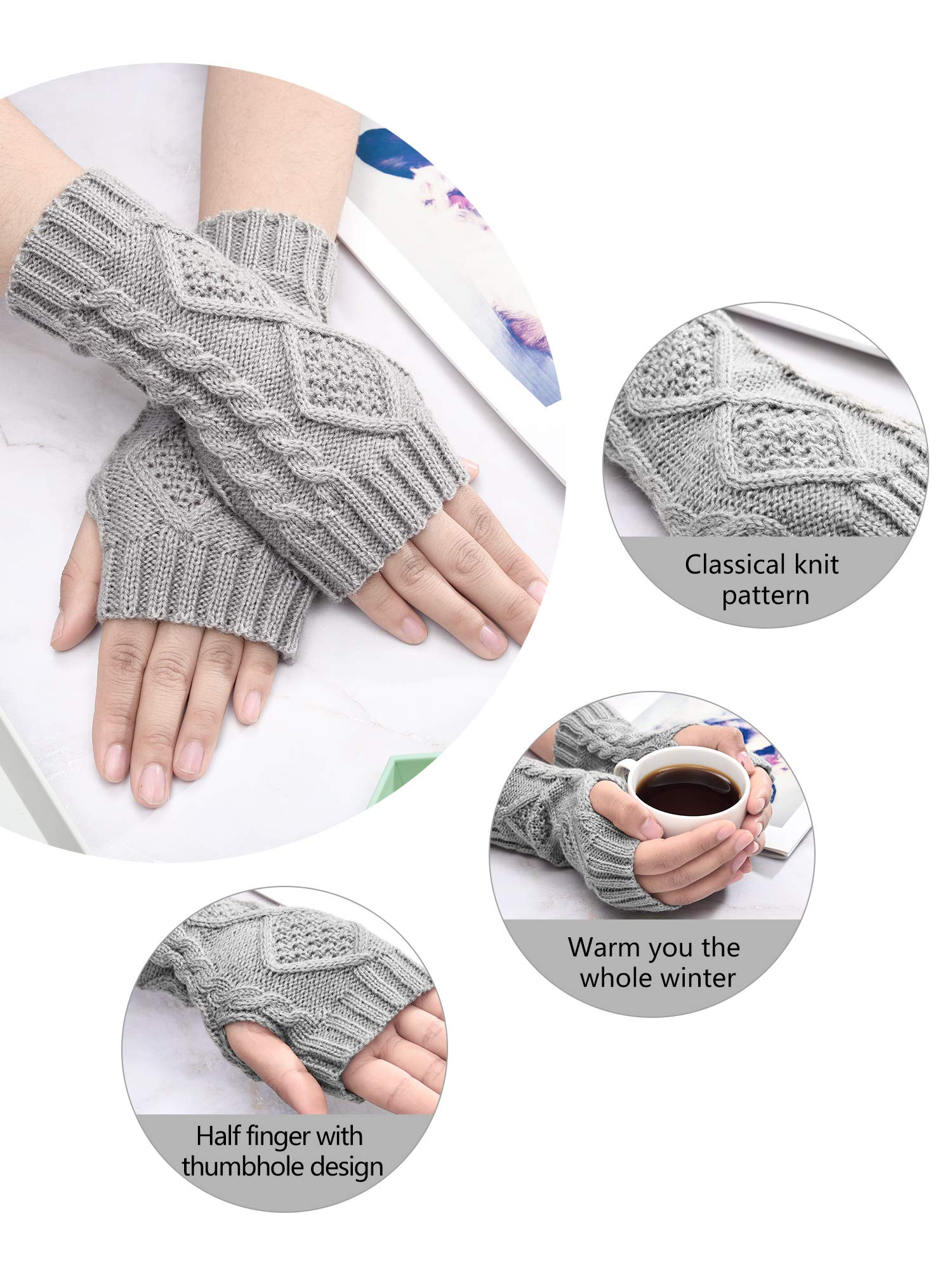 SATINIOR Women Warm Knit Fingerless Winter Gloves Thumbhole Arm Warmers Mittens (Black, Red, White, Light Grey, 4 Pairs)