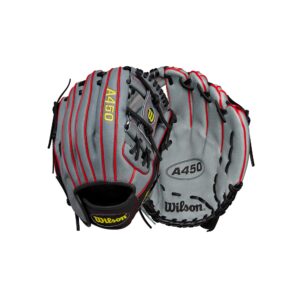 wilson 2024 a450™ 11.5” youth infield baseball glove - right hand throw, grey/black/yellow