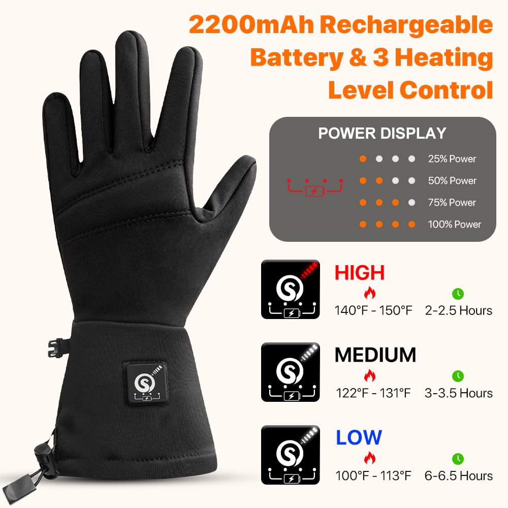 SAVIOR HEAT Heated Gloves for Women Men, Electric Glove Liners with 7.4V 2200mAh Rechargeable Battery, Touchscreen Ultra-Thin Black Warm Gloves for Winter Sports Camping Skating