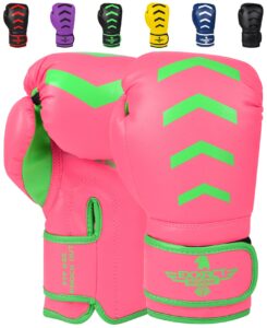 exxact sports knockout youth boxing gloves for kids (3-15 years) with padded protection and wrist support, durable engineered leather kids boxing gloves for sparring (pink/green, 4 oz)