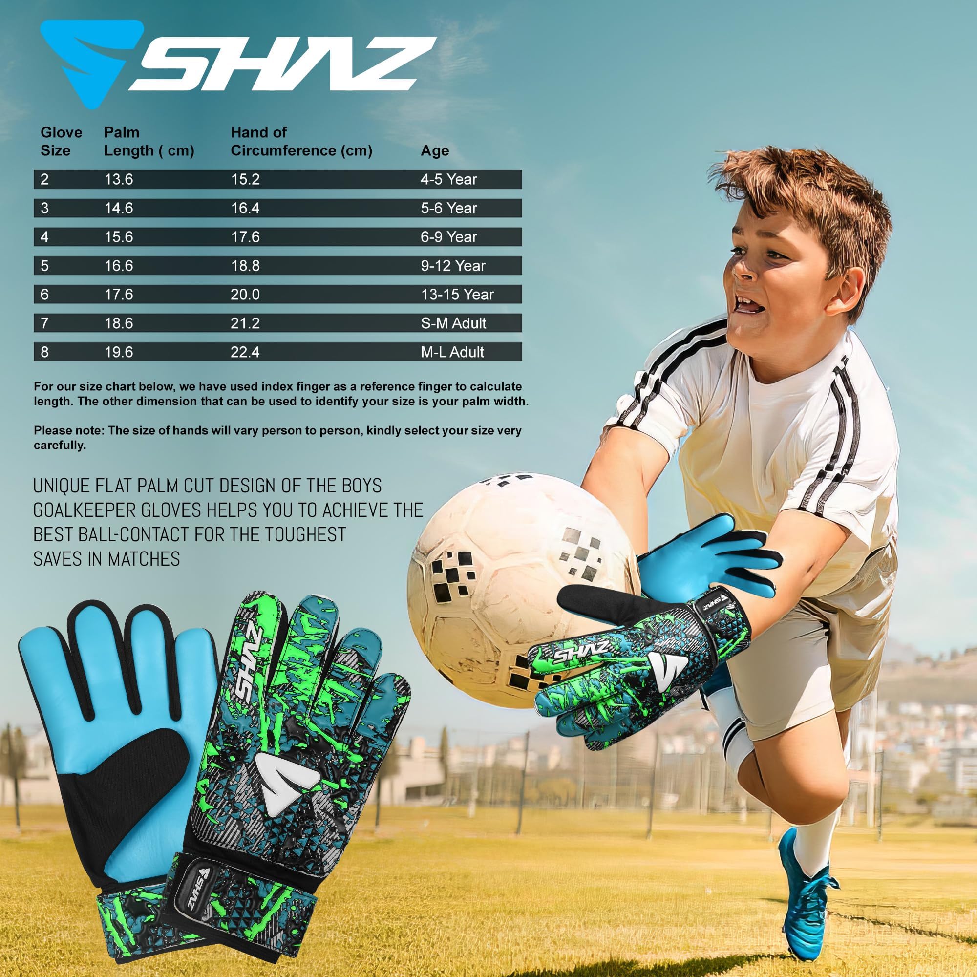 Shaz Soccer Goalkeeper Gloves for Kids Boys Children Youth,Funky Football Goalie Gloves Anti Slip 4mm Latex Palm with Strong Grip & Double Wrist Protection (Size 8 Suitable for Size M-L Adult, Cyan)