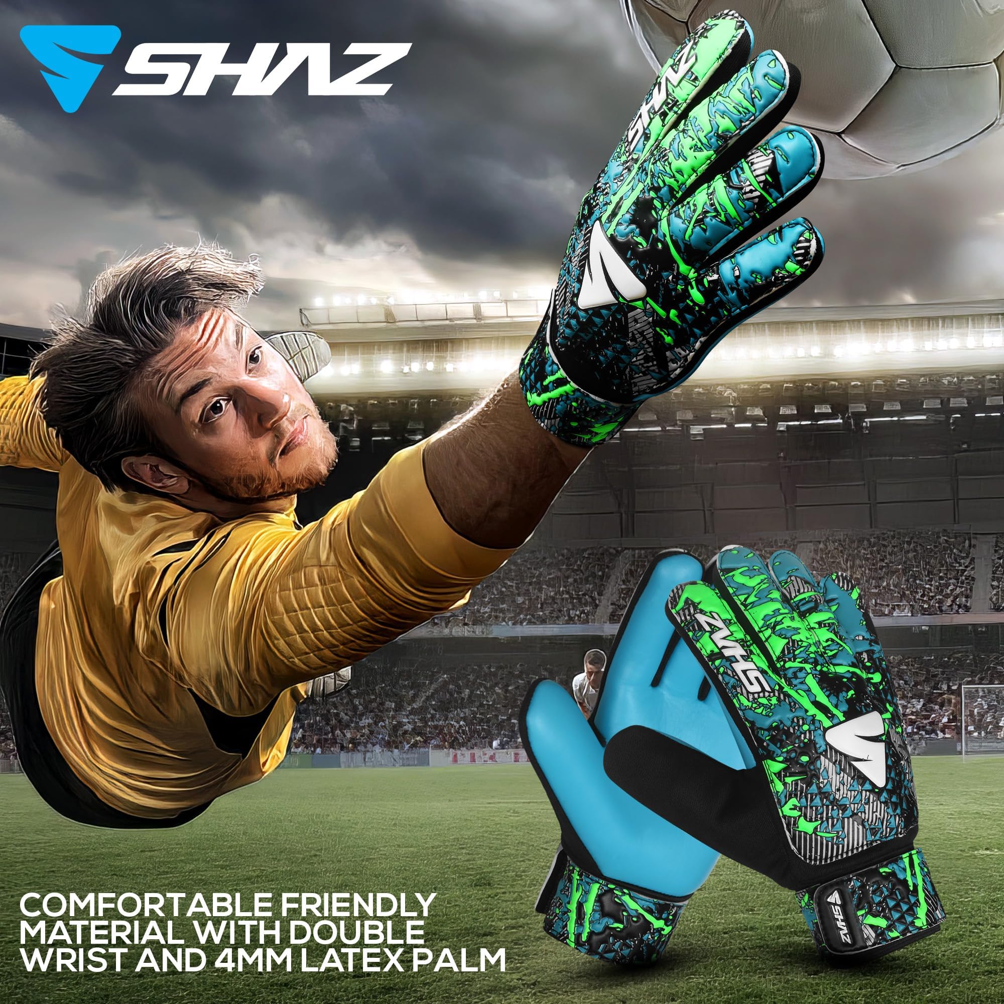 Shaz Soccer Goalkeeper Gloves for Kids Boys Children Youth,Funky Football Goalie Gloves Anti Slip 4mm Latex Palm with Strong Grip & Double Wrist Protection (Size 8 Suitable for Size M-L Adult, Cyan)