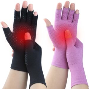 kecartu 2 pairs compression gloves for rheumatoid arthritis, osteoarthritis, carpal tunnel pain, fingerless arthritis hand gloves for women men support work&computer typing (pure black+purple,medium)