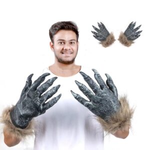 syjinghao halloween werewolf hands claws werewolf g-loves,latex wolf g-loves scary hairy hands werewolf paw party costumes props (large)