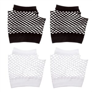 penta angel 2 pairs fishnet fingerless gloves for women girls halloween cosplay (short, black, white)