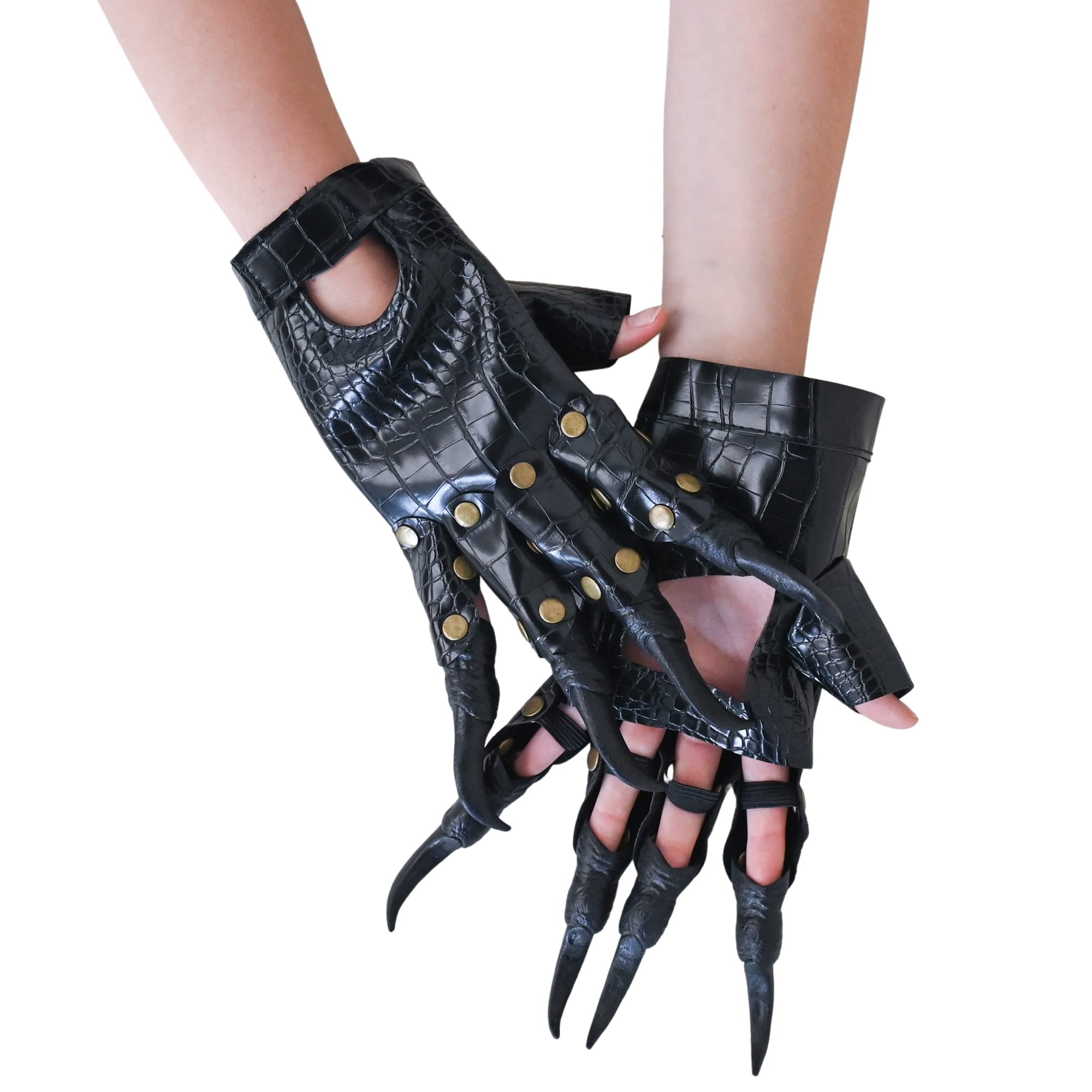 Skeleteen Faux Leather Claw Gloves - Black Lizard Skin Scary Costume Leather Hand Glove Animal Claws for Women and Kids