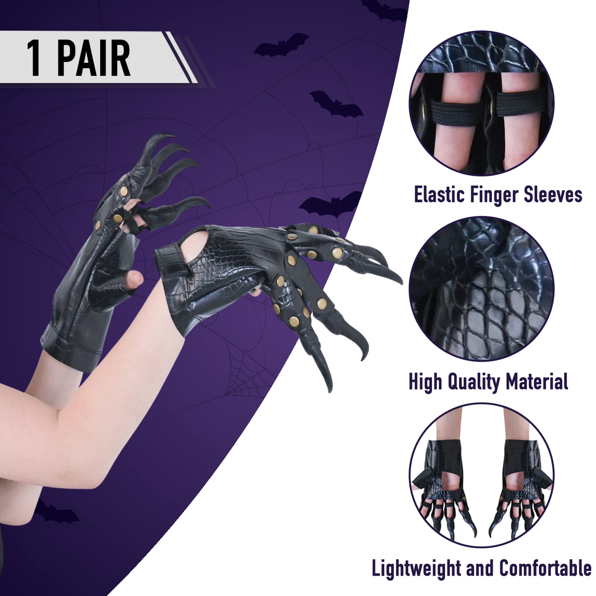 Skeleteen Faux Leather Claw Gloves - Black Lizard Skin Scary Costume Leather Hand Glove Animal Claws for Women and Kids