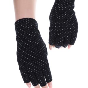 Boao 2 Pieces Women Sunscreen Fingerless Gloves UV Protection Half Finger Sunblock Gloves for Driving Riding Fishing Golfing Outdoor Activities (Black, Khaki Dot)