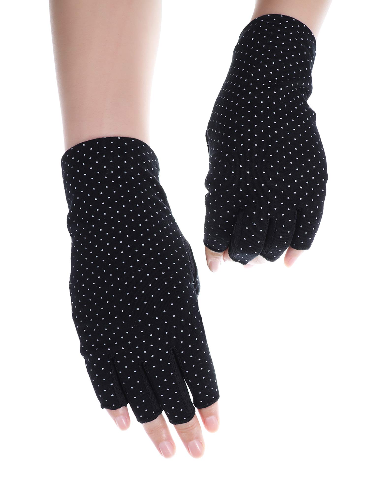 Boao 2 Pieces Women Sunscreen Fingerless Gloves UV Protection Half Finger Sunblock Gloves for Driving Riding Fishing Golfing Outdoor Activities (Black, Khaki Dot)