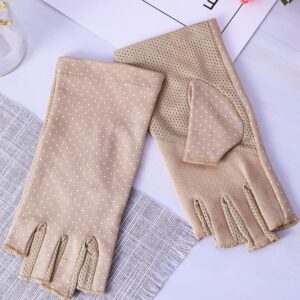 Boao 2 Pieces Women Sunscreen Fingerless Gloves UV Protection Half Finger Sunblock Gloves for Driving Riding Fishing Golfing Outdoor Activities (Black, Khaki Dot)