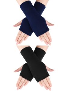 2 pairs fingerless gloves women man stretchy knitted gloves thumb hole mittens wrist length arm warmers (black, navy)