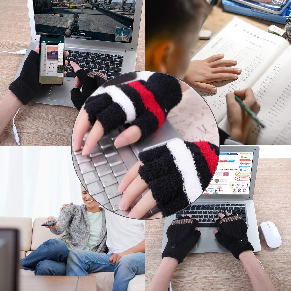 HoFire USB Heating Winter Gloves Women Hand Warm Gloves USB Heater Fingerless Warmer Mitten Gloves (Black)