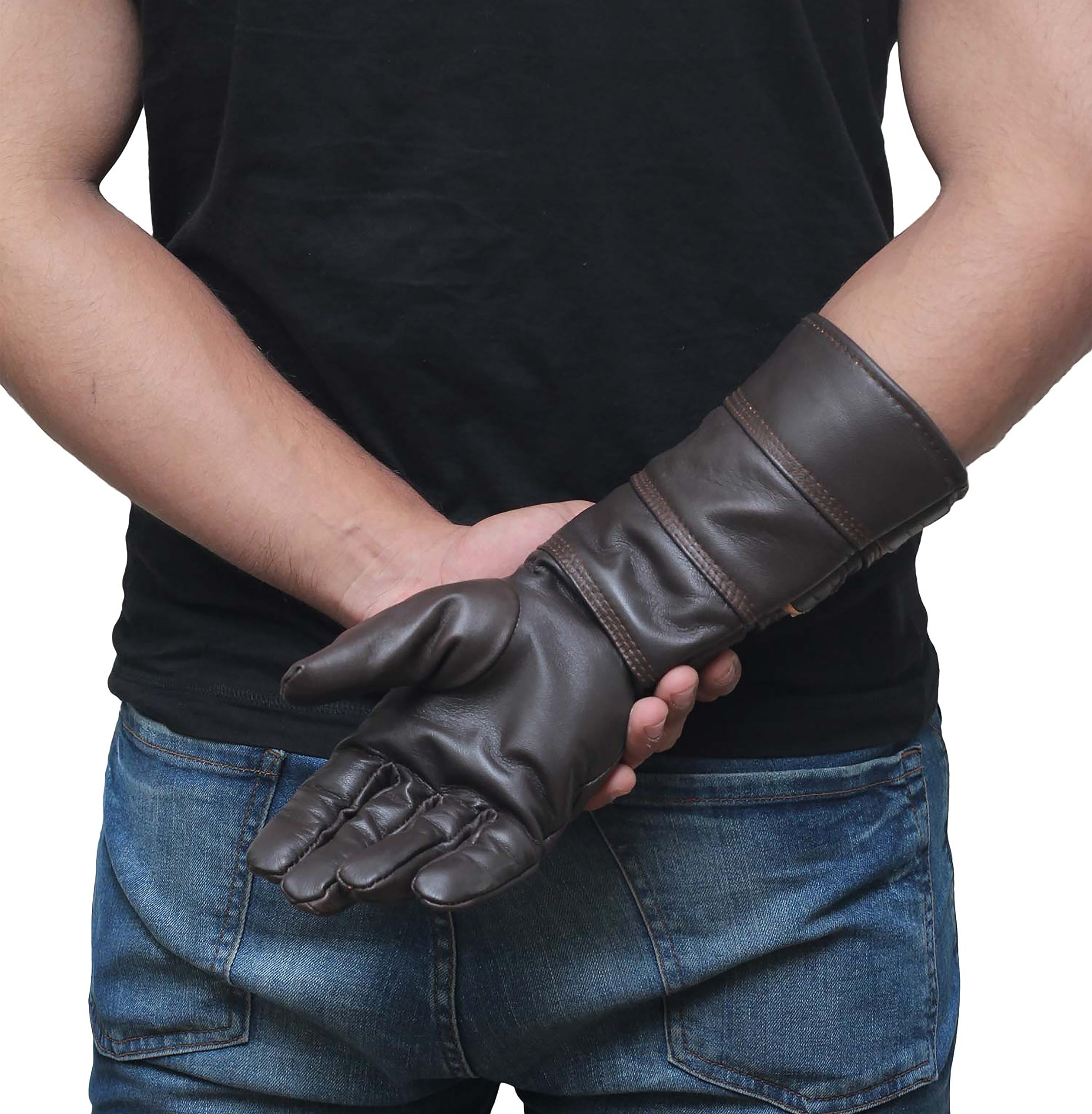 URBAN BUCK Real Leather Gauntlet Cosplay Mens Long Brown Right Hand Costume Glove (XXL)