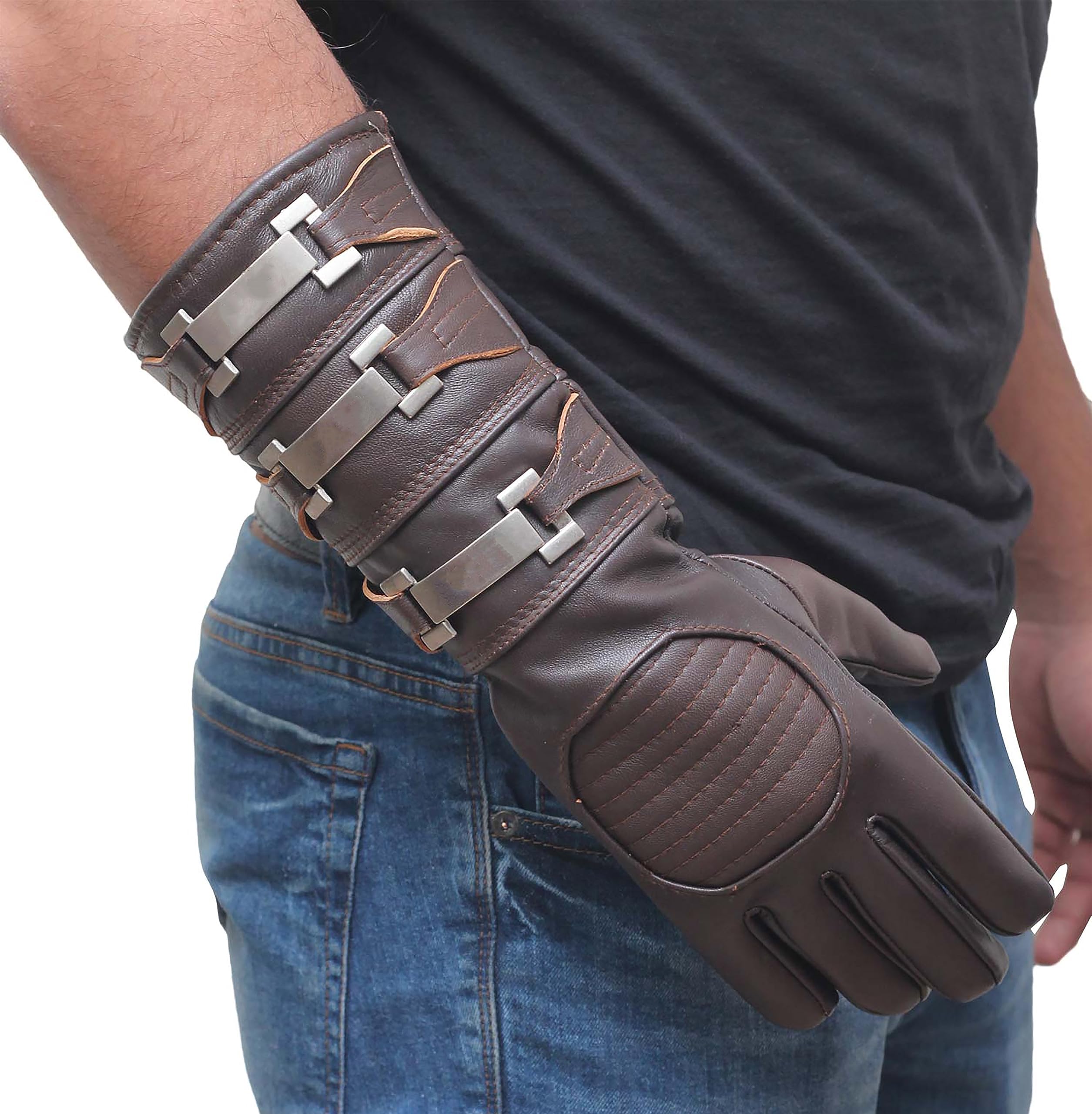 URBAN BUCK Real Leather Gauntlet Cosplay Mens Long Brown Right Hand Costume Glove (XXL)