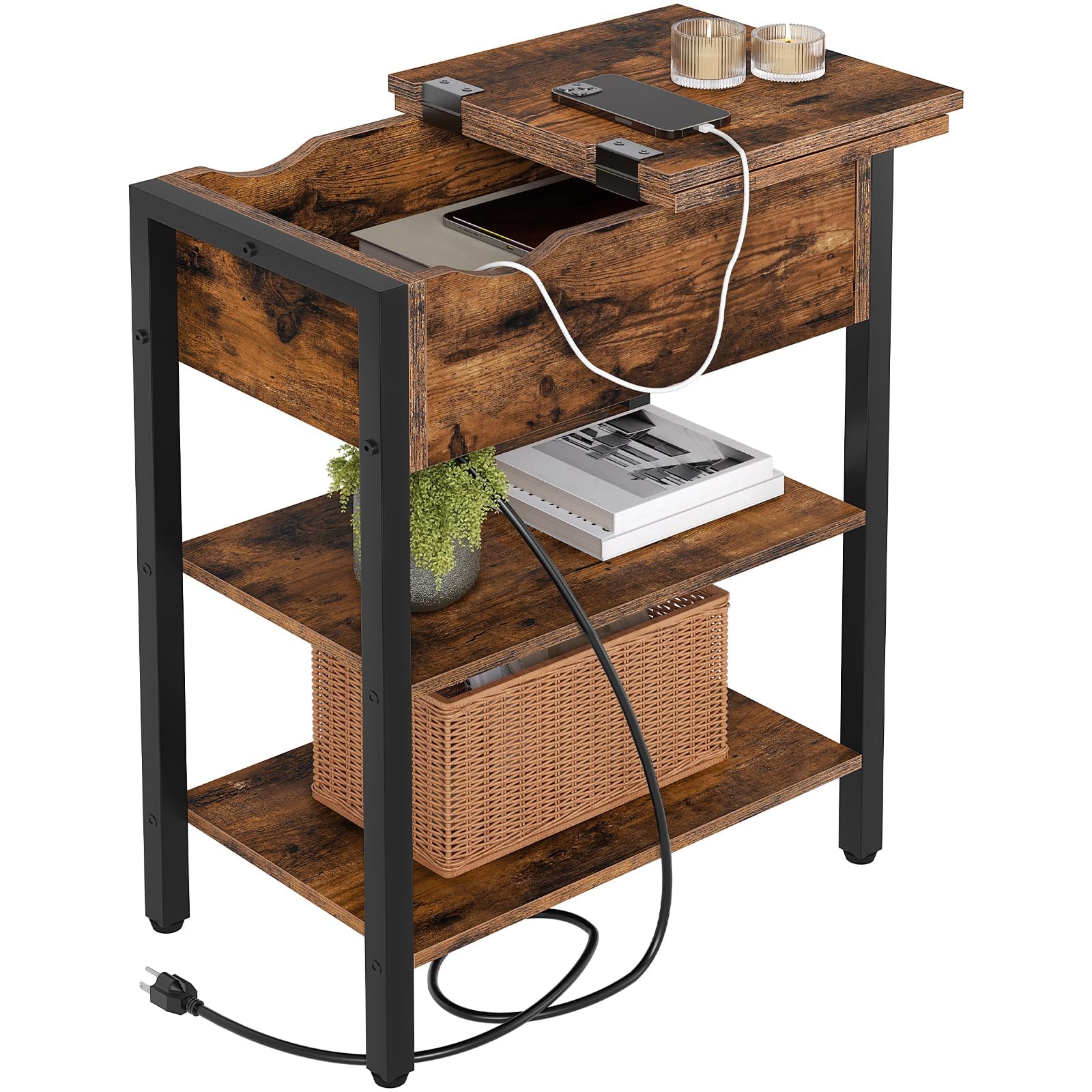 HOOBRO End Table with Charging Station, Narrow Side Table, Flip Top Nightstand with USB Ports and Outlets, Bedside Tables with Shelf for Small Spaces, Living Room, Rustic Brown BF341BZ01