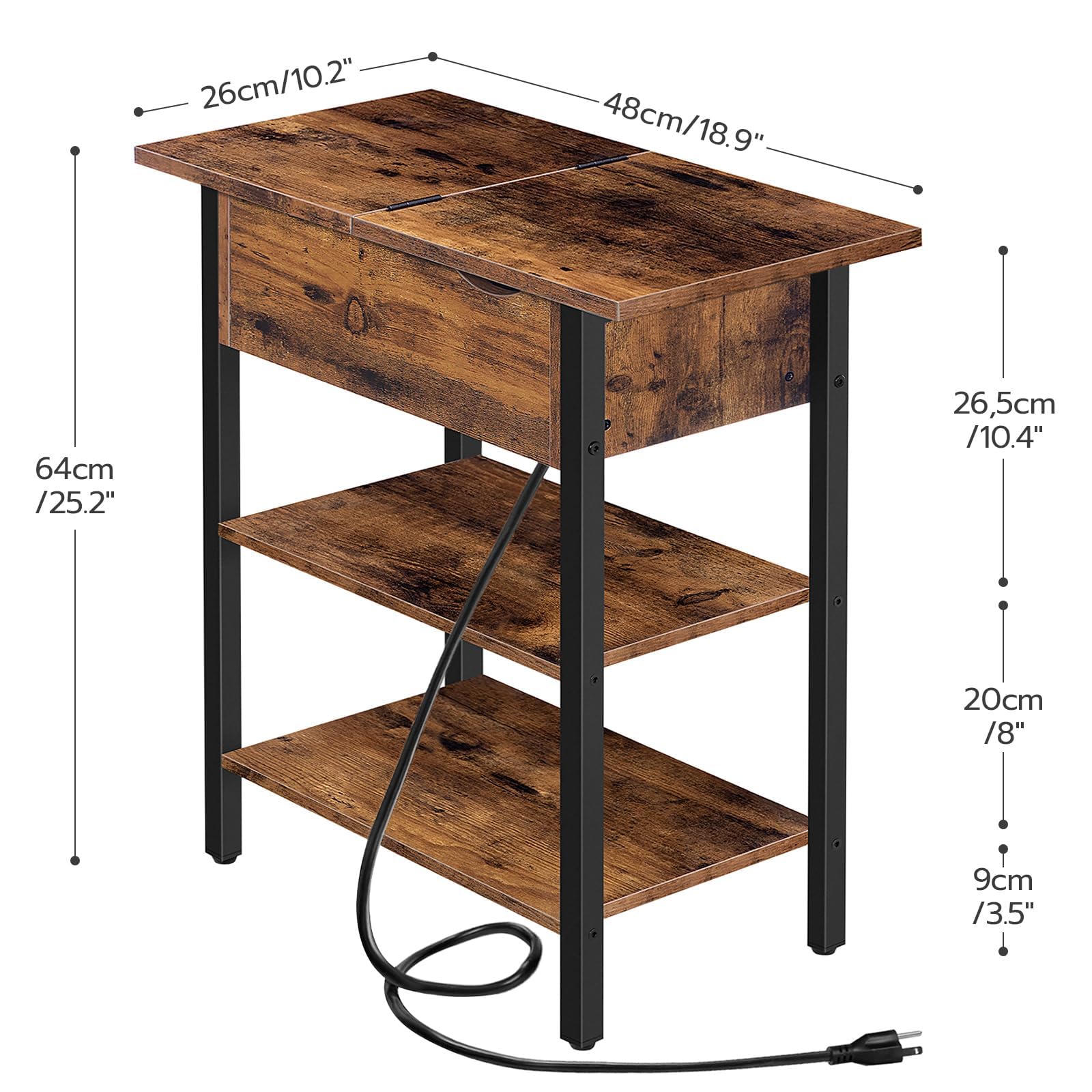 HOOBRO End Table with Charging Station, Narrow Side Table, Flip Top Nightstand with USB Ports and Outlets, Bedside Tables with Shelf for Small Spaces, Living Room, Rustic Brown BF341BZ01