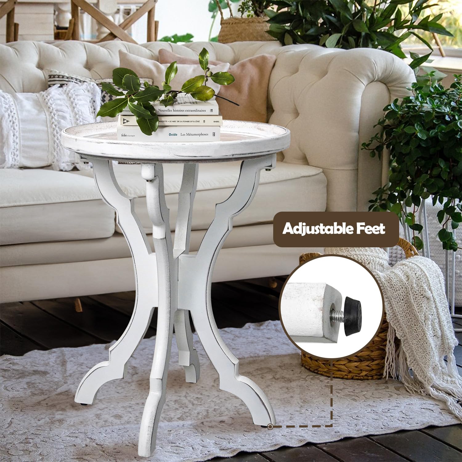 HCODCIBA Round Side Table with Carved Tray Top,Farmhouse Small End Table with Curved Legs,Retro Bedside Table Rustic Accent Table for Living Room,Bedroom