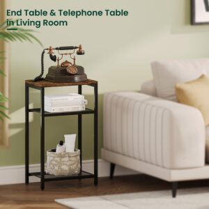 Yifeel Side Table, 3 Tier End Table with Storage, Tall Telephone Table, Night Stand for Small Spaces, Sturdy Metal Frame, Living Room, Bedroom, Rustic Brown and Black JET001NSR1