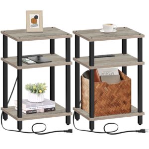 tutotak set of 2 end table with charging station, side table with usb ports and outlets, nightstand, 3-tier storage shelf, sofa table for small space tb01bg0422