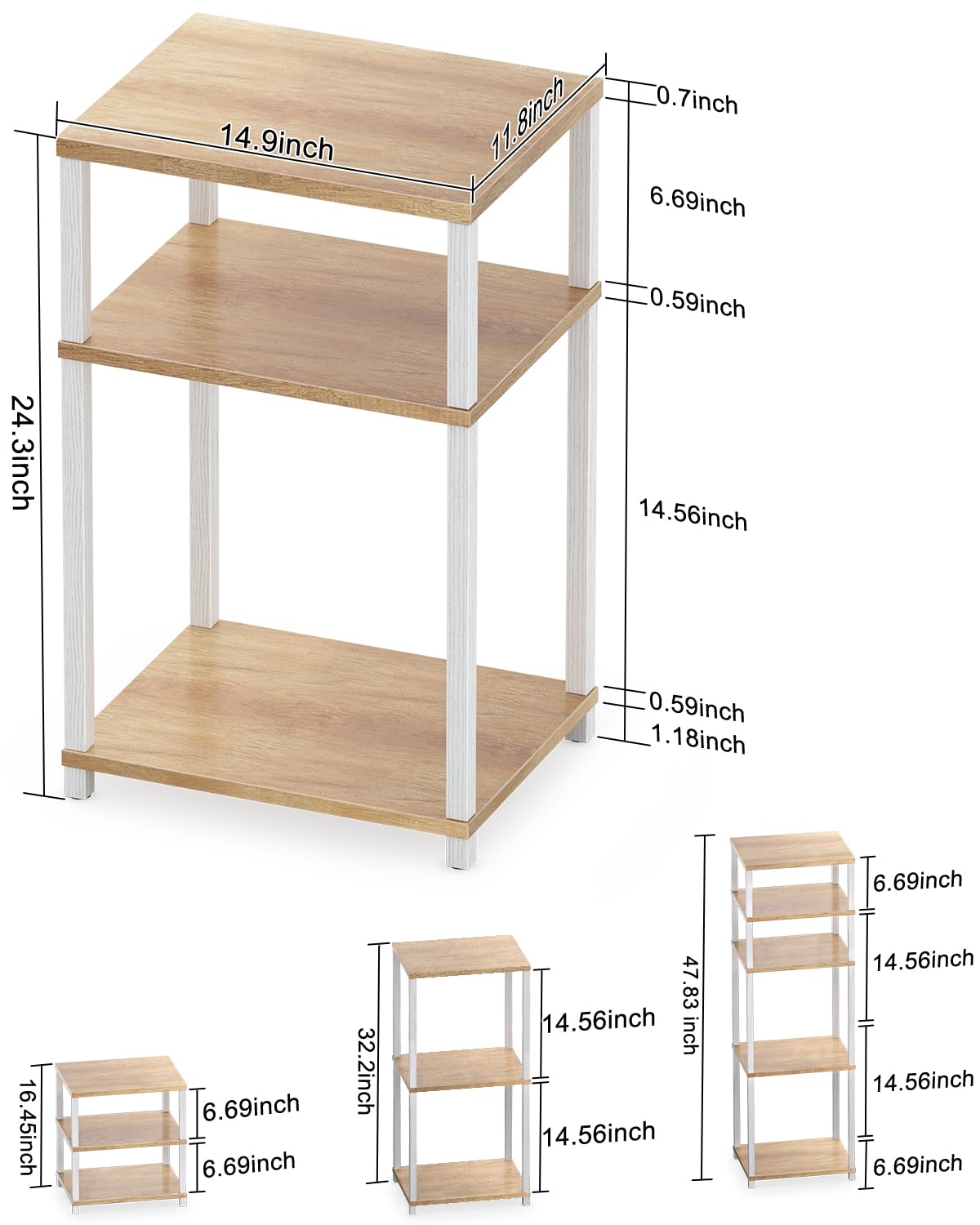 WOODYNLUX Nightstands Set of 2, 3-Tier Side Table, End Table with Shelves, Tall Bedside Tables, 5-Tier Shelf Bookcase, Nightstand Accent Table for Living Room, Bedroom, Beech.