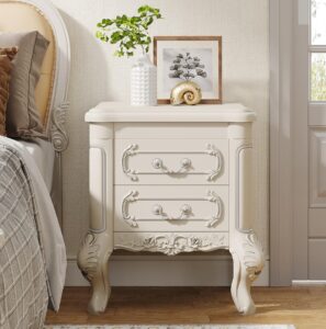 tribesigns white nightstand, end table with 2 drawers, carved bedside tables, side table for bedroom, living room, classic bedroom furniture, night stand（1pc