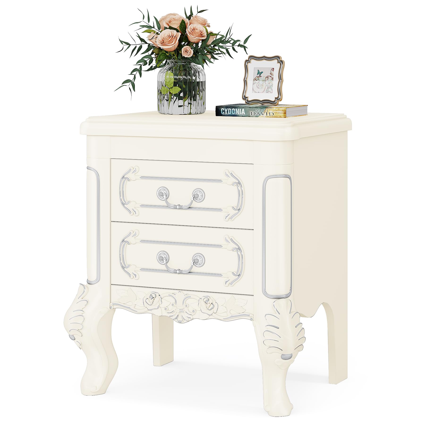 Tribesigns White Nightstand, End Table with 2 Drawers, Carved Bedside Tables, Side Table for Bedroom, Living Room, Classic Bedroom Furniture, Night Stand（1PC