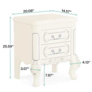 Tribesigns White Nightstand, End Table with 2 Drawers, Carved Bedside Tables, Side Table for Bedroom, Living Room, Classic Bedroom Furniture, Night Stand（1PC