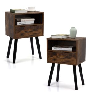 set of 2 nightstands,mid century end side bedside table with storage drawer/solid wood legs/storage shelf,modern night stands for bedroom living room furniture,rustic brown