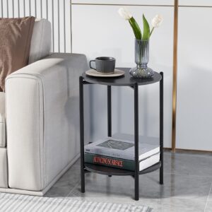 aimerive modern 2- tier side table with removable marble tabletop, small end table with metal frame, modern round nightstand for bedroom, living room coffee table for balcony patio (black)