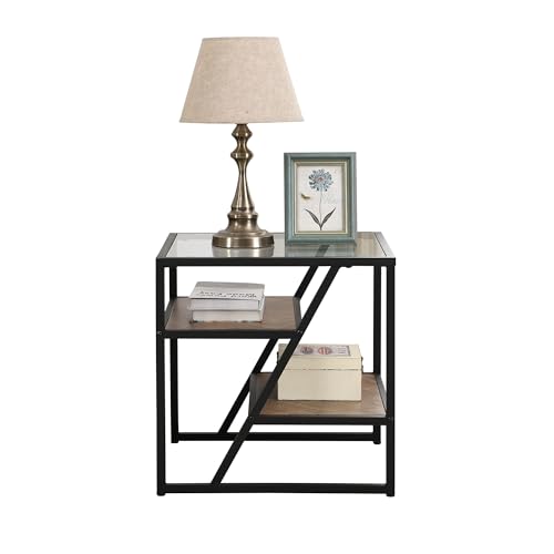 Black Side Table End with Storage Shelf Tempered Glass Coffee Metal Frame for Living Room Modern Contemporary Rectangular MDF Includes Hardware