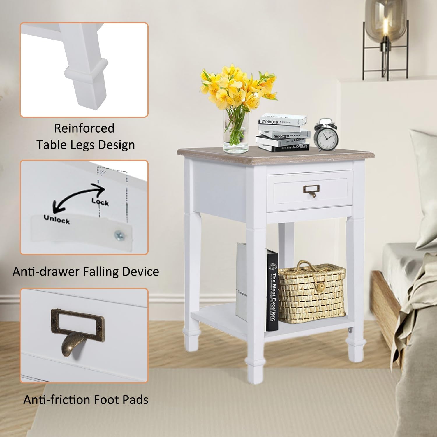 Kinsuite White Side Table Set of 2 Wood End Table Nightstands with Drawer and Storage Shelf