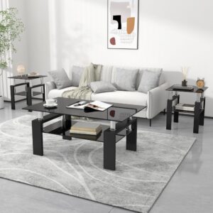 coffee table set, glass coffee table and 2 end tables, modern table set for living room, (black, coffee table + 2 end tables)