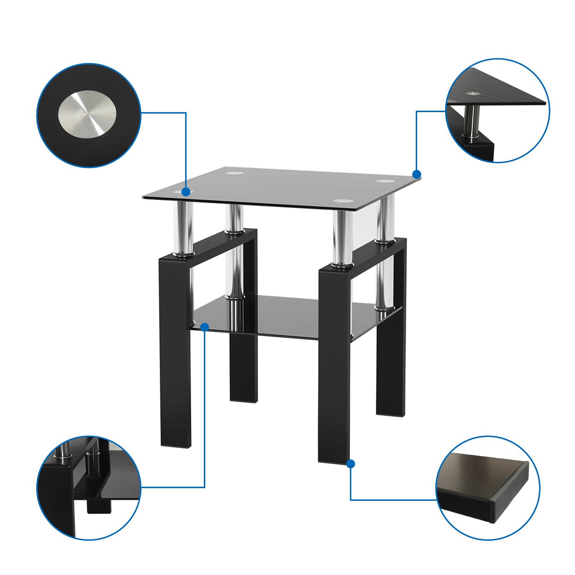 Coffee Table Set, Glass Coffee Table and 2 End Tables, Modern Table Set for Living Room, (Black, coffee table + 2 end tables)