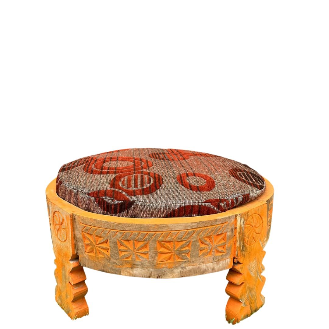 Wooden Indian Round Carving Chakki Table With Custion,Indian Decor Coffee Table,Wood Table,Side Table,Grinder Table,Dining Table.