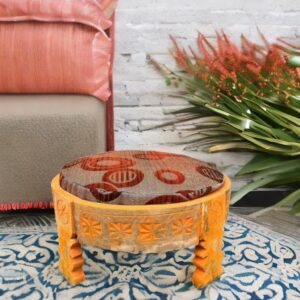 wooden indian round carving chakki table with custion,indian decor coffee table,wood table,side table,grinder table,dining table.