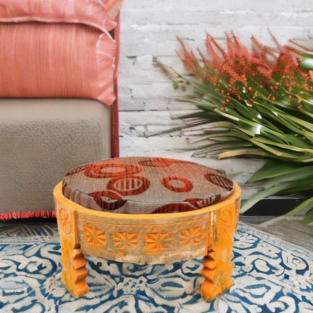 Wooden Indian Round Carving Chakki Table With Custion,Indian Decor Coffee Table,Wood Table,Side Table,Grinder Table,Dining Table.