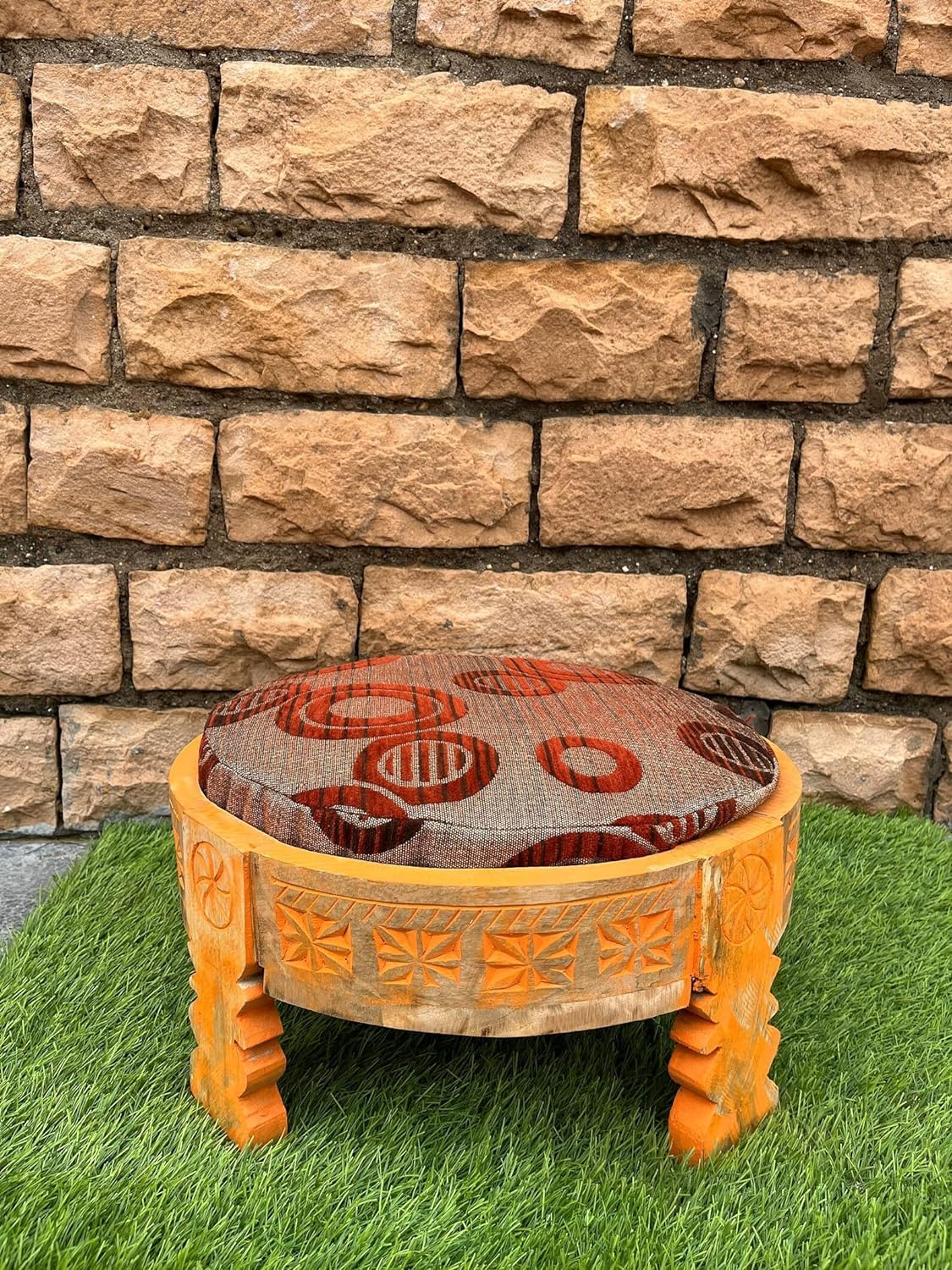 Wooden Indian Round Carving Chakki Table With Custion,Indian Decor Coffee Table,Wood Table,Side Table,Grinder Table,Dining Table.