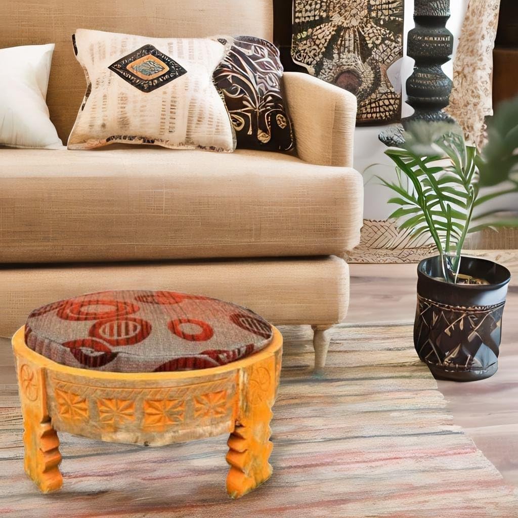 Wooden Indian Round Carving Chakki Table With Custion,Indian Decor Coffee Table,Wood Table,Side Table,Grinder Table,Dining Table.