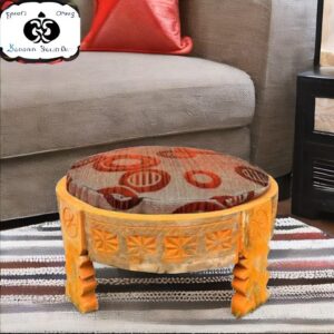 Wooden Indian Round Carving Chakki Table With Custion,Indian Decor Coffee Table,Wood Table,Side Table,Grinder Table,Dining Table.