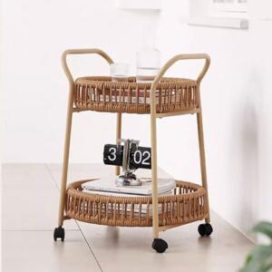 gtzly rattan round end table, small coffee table with wheels and steel frame, side table accent side table with 2-tier rattan open storage shelves