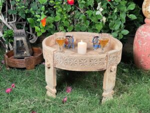 wooden indian natural carved chakki table/coffee table/round rajasthani desrt dinner table/side table/lamp holder table/candle holder table