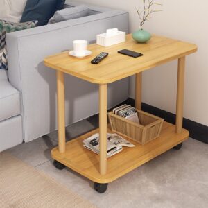 altsuceser small table, 2 tier open shelf end table with wheel, kitchen storage cart, wood rolling sofa side table for living room bedroom small spaces wooden color